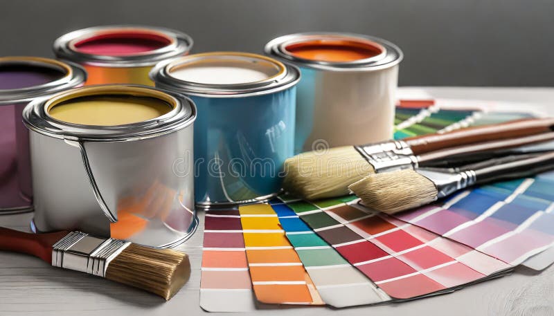 Paint Cans, Color Palette Samples and Brushes on Table Stock ...