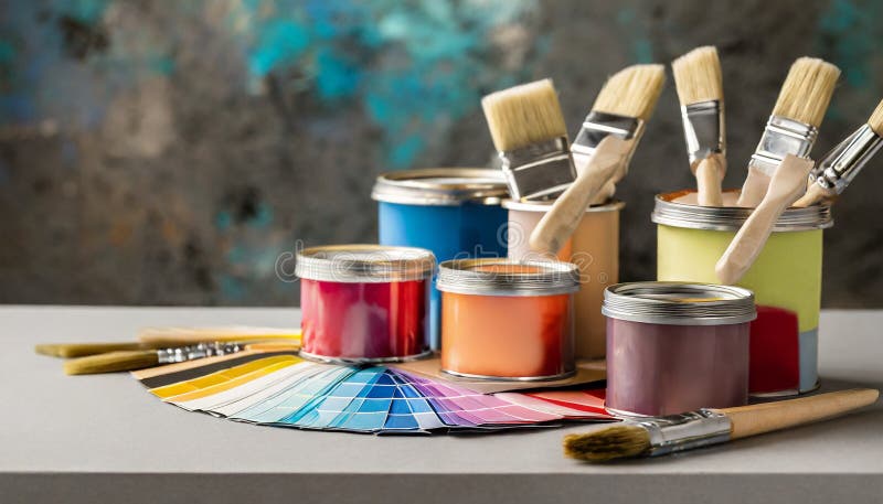 Paint Cans, Color Palette Samples and Brushes on Table Stock ...
