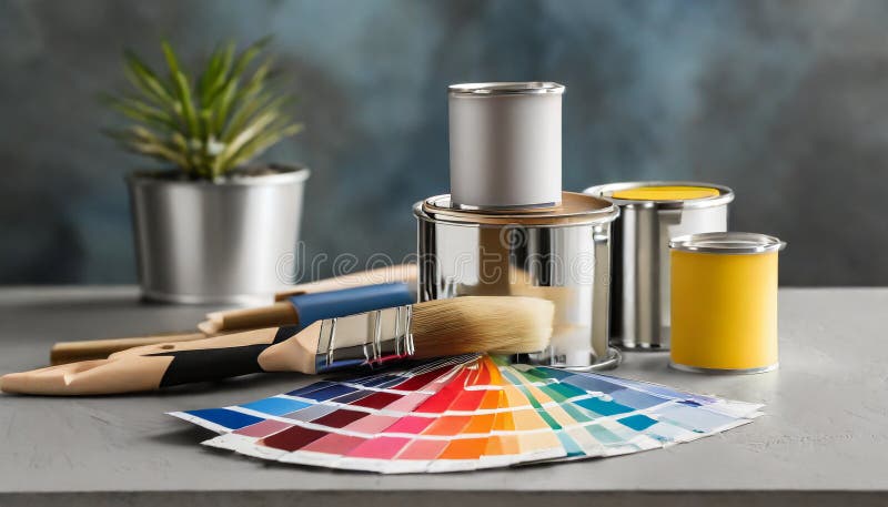 Paint Cans, Color Palette Samples and Brushes on Table Stock ...