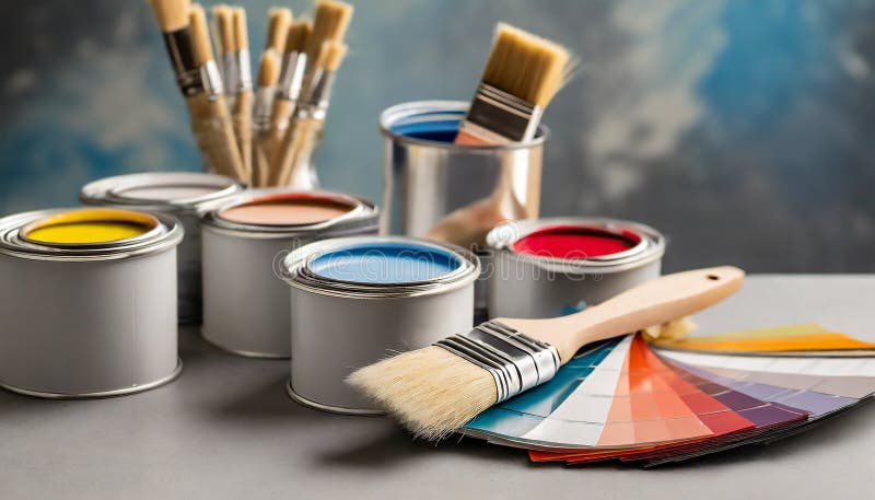 Paint Cans, Color Palette Samples and Brushes on Table Stock ...