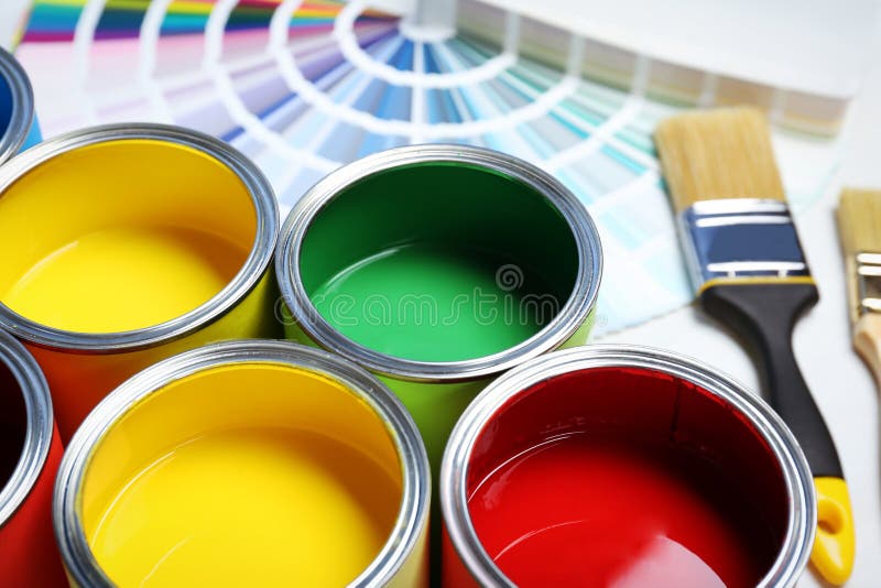 Paint Cans and Color Palette Samples on Table Stock Photo - Image of ...