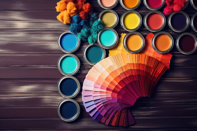 Paint Cans of Different Colors and Color Samples, Top View Stock ...