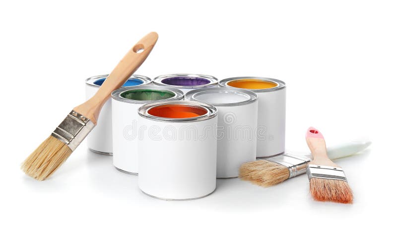 Cans of Paints with Brushes on Color Background Stock Image - Image of ...