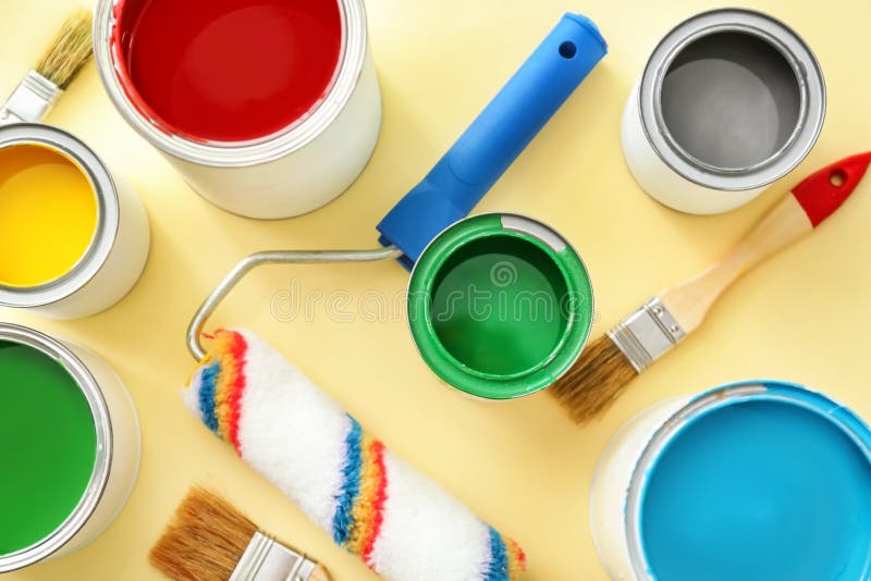 Paint Cans and Tray with Roller on Color Background Stock Image - Image ...