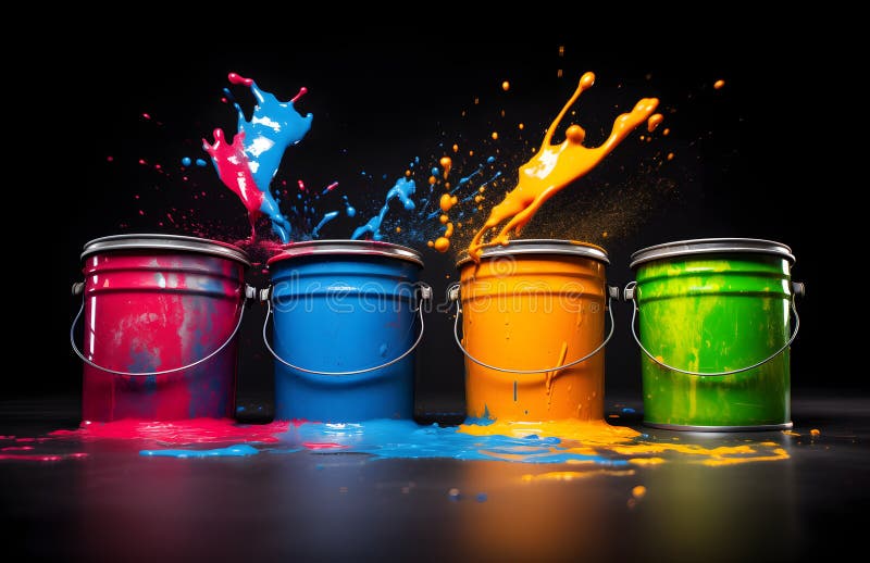 Paint Cans with Splashing Vivid Colors Stock Illustration ...