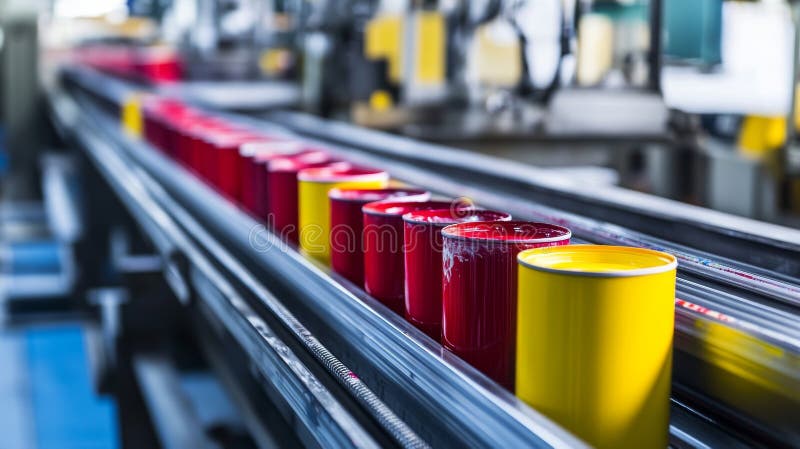 Paint Cans are Transported Via Conveyor Belt Rollers in an Automated ...
