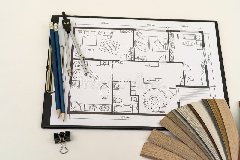 Paint Color Samples with Drawing Instruments on House Plan Project ...