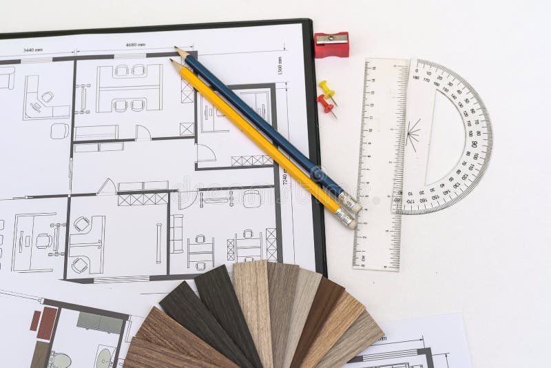 Paint Color Samples with Drawing Instruments on House Plan Project ...