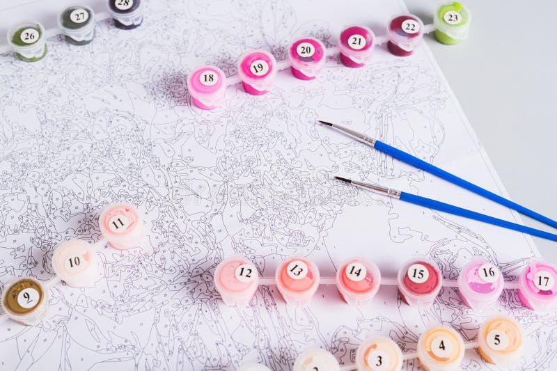 Paint Containers, Brushes and a Paint by Numbers Chart on a Table Stock ...