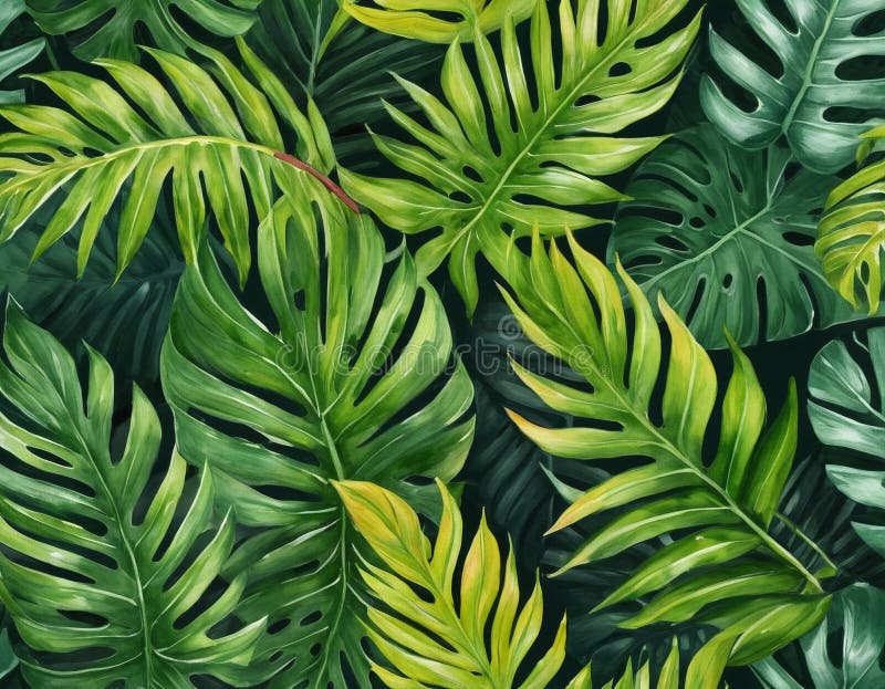 Paint Drawing of Large Tropical Leaves Close-up Stock Illustration ...