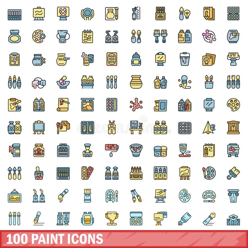 100 Paint Icons Set, Color Line Style Stock Vector - Illustration of ...