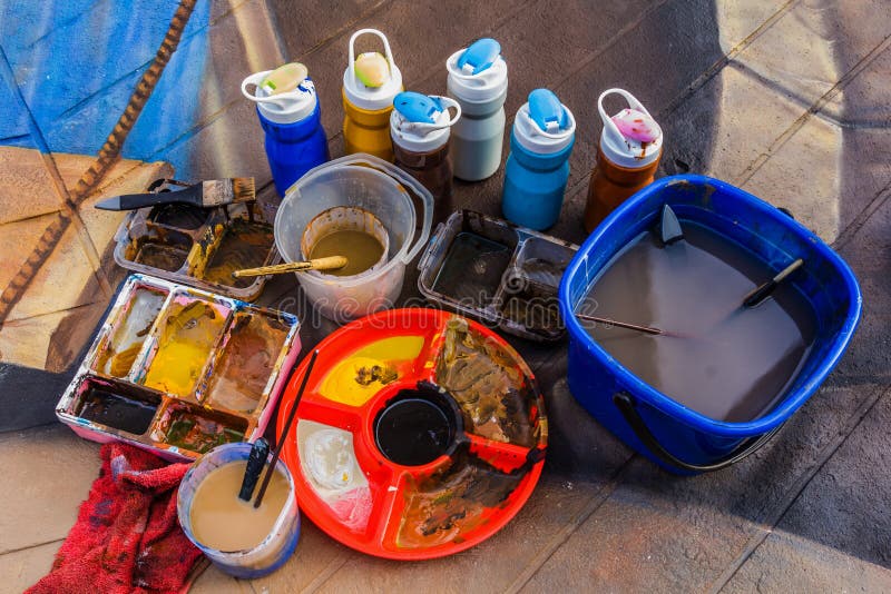 Paint and Paint Cans, Used on the Work of Art Stock Photo - Image of ...
