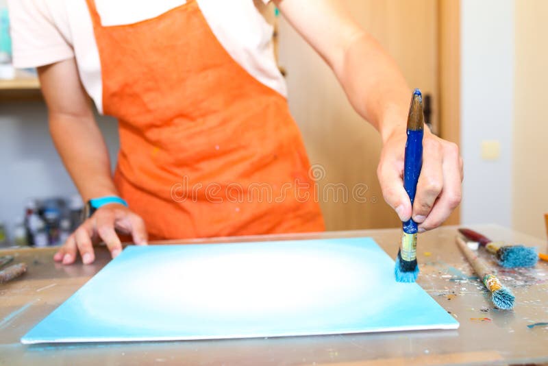 Paint Palette. Real Work Studio of the Painter. Man is Creating Picture ...