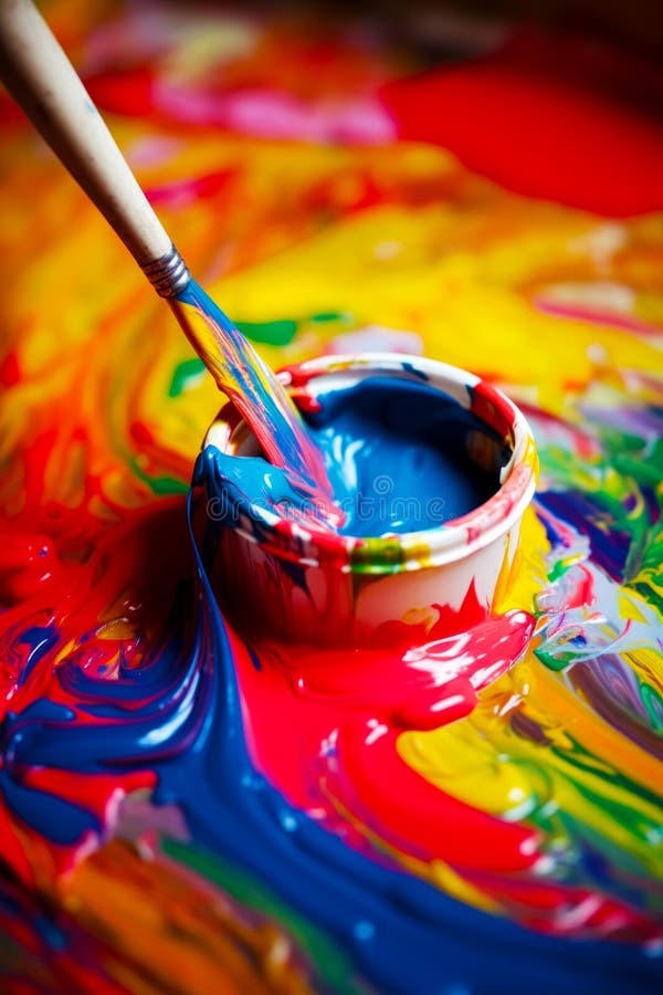 Paint Pan with Paintbrush in it and Some Colorful Paint on the Floor ...