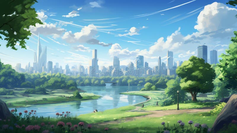 A Picture of a Bustling City Park in Summer Stock Illustration ...