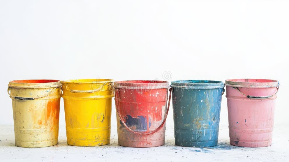 Paint and Primer Jerry Buckets on White Background Stock Photo - Image ...