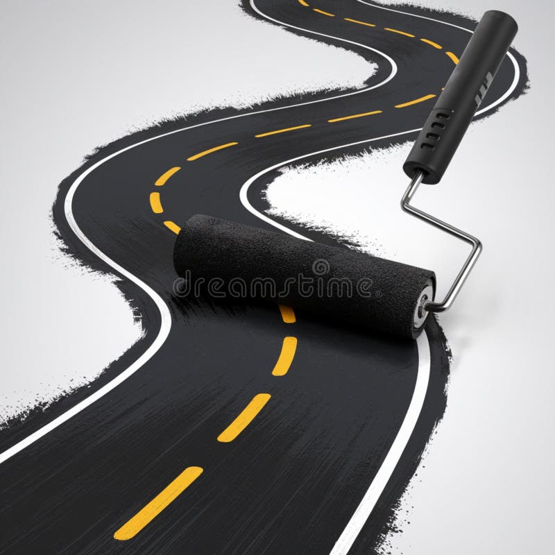 Paint Roller Applies Curved Road, Blending Imaginative Design with ...