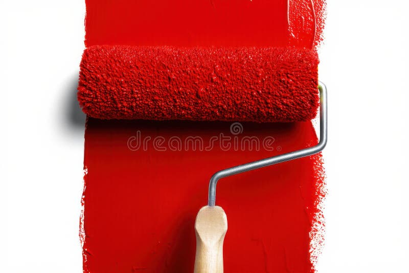 Paint Roller Applying Vivid Red Paint on White Background Stock Image ...