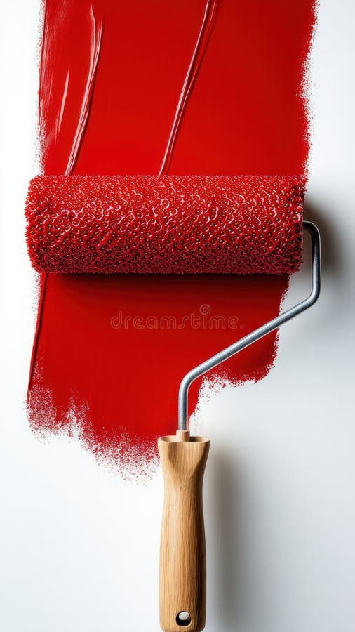 Paint Roller Applying Vivid Red Paint on White Surface Stock Photo ...