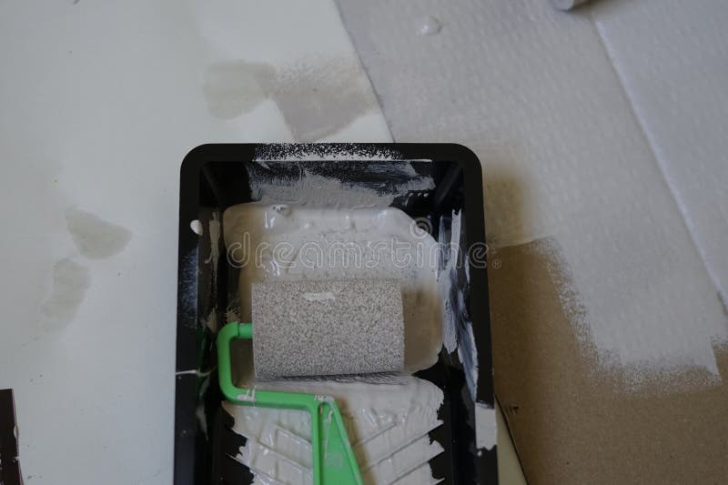 Paint Roller with Blue Handle in a Plastic Paint Container. Stock Image ...