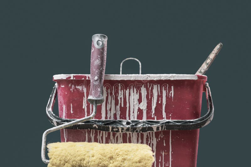 Paint Roller and Bucket with Paint Drops Stock Photo - Image of ...