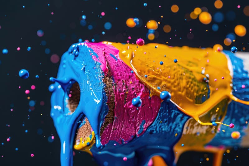 A Paint Roller Covered in Blue, Pink, and Yellow Paint Explodes in a ...