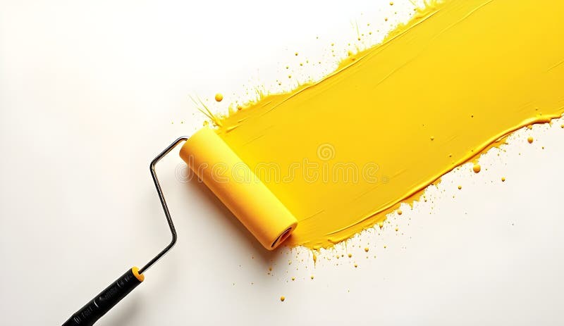 Paint Roller Dripping with Yellow Paint Mid-stroke on White Wall in ...