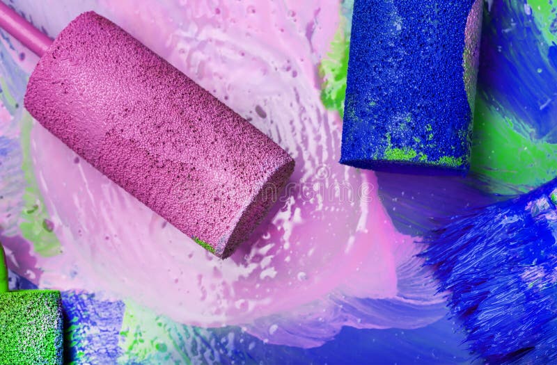 Paint Roller with Pink and Blue Paint. Stock Photo - Image of update ...
