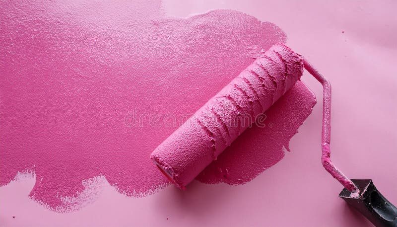 Paint Roller and Pink Paint, Dynamic Mess from Above. Top View Stock ...