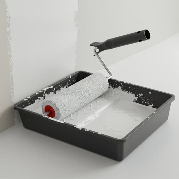 A Paint Roller Rests in a Black Tray Filled with White Paint. the ...