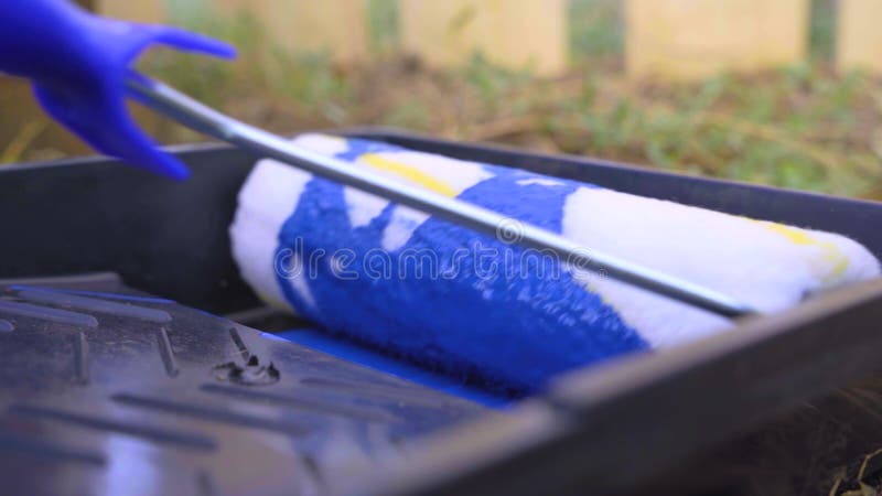 Paint Roller Rolling in a Plastic Tray with Bright Blue Dye. House ...