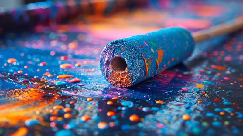 Paint Roller with Vibrant Splattered Paint on a Colorful Abstract ...