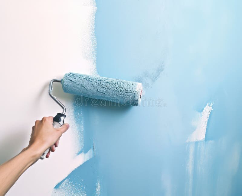Paint Roller on the Wall during Painting - Renovation of the Building ...