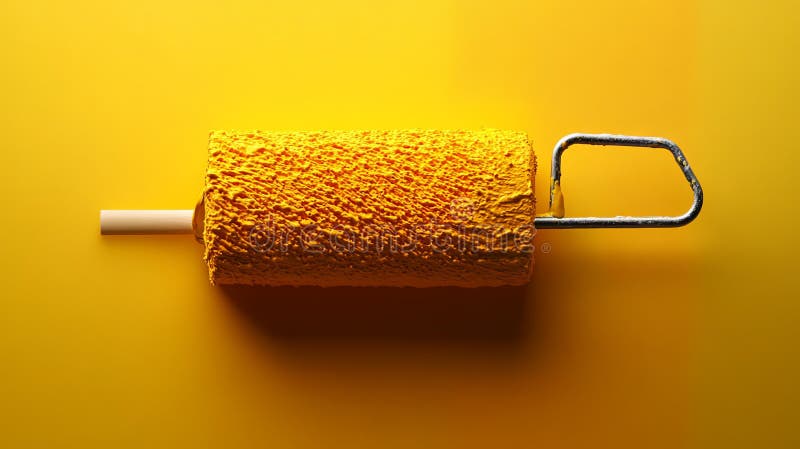 Paint Roller on Yellow Wall with White Handle in Warm Light Stock Photo ...