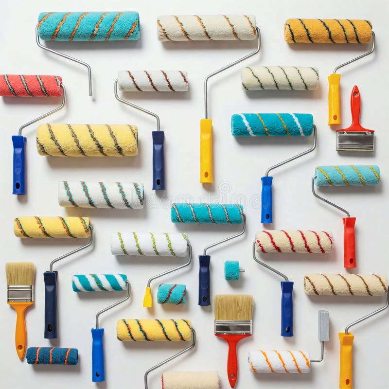 Paint Rollers and Paint Canes on White Background, Top View Stock ...