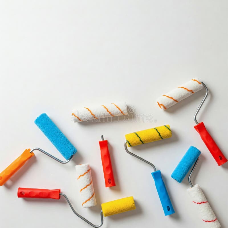 Paint Rollers on a White Background, Top View, Copy Space Stock ...