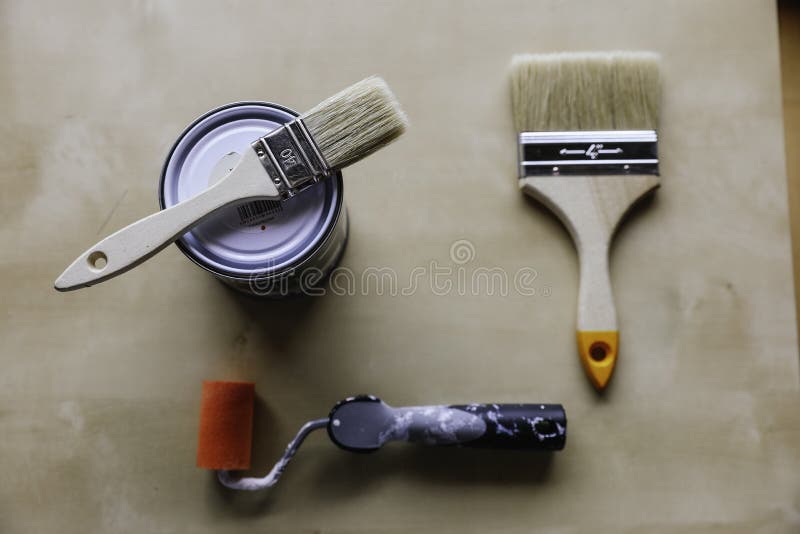 Paint Can, Two Brushes and Roller Stock Image - Image of designer ...