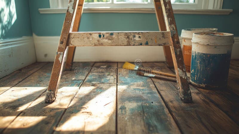 Paint-spattered Ladder and Cans in Sunlit Room. Stock Image - Image of ...