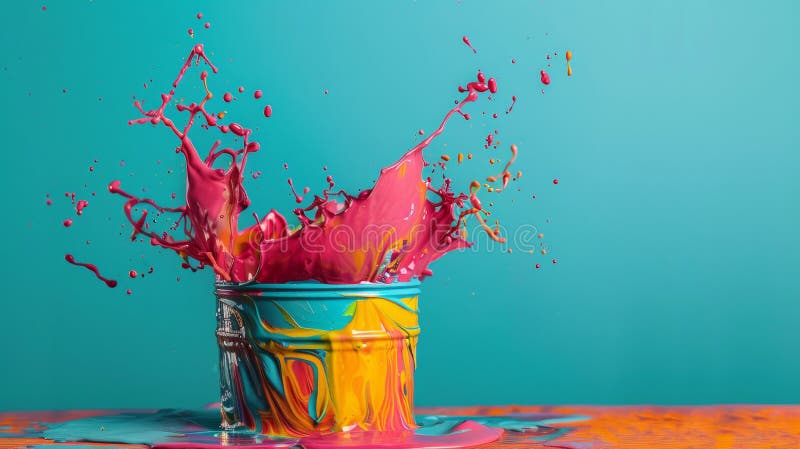 Paint Splashing from Bucket on Blue Background Stock Image - Image of ...