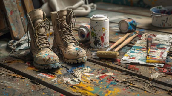 The Paint-splattered Boots and Brushes.AI Generated Image Stock Image ...
