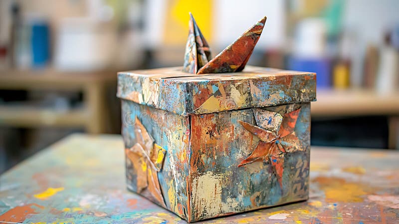 Paint-splattered Box with Origami Decoration Stock Image - Image of ...