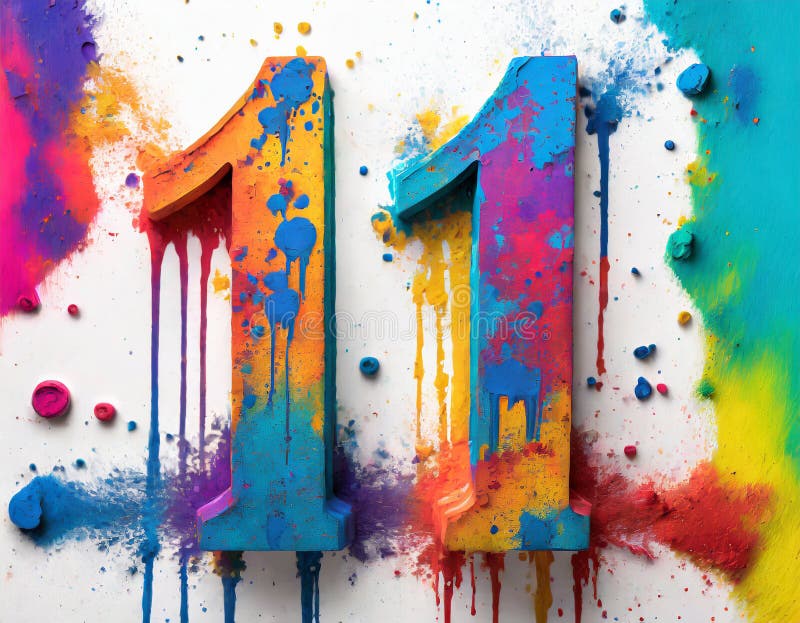 11 in Paint, Splattered on a White Background, in the Style of Colorful ...