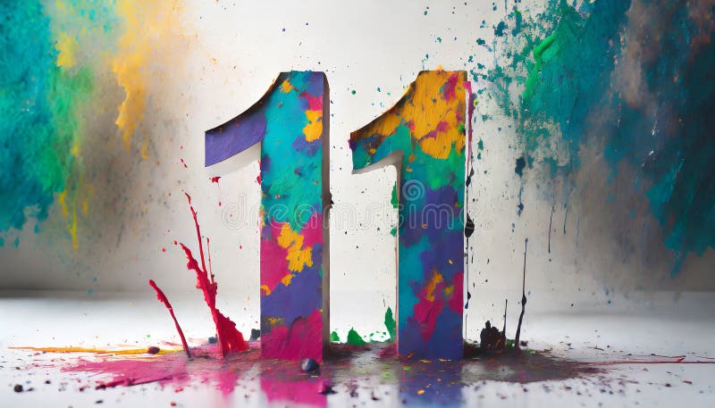11 in Paint, Splattered on a White Background, in the Style of Colorful ...