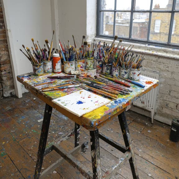 Colorful Paintbrushes and Supplies on a Rustic Wooden Table in an ...