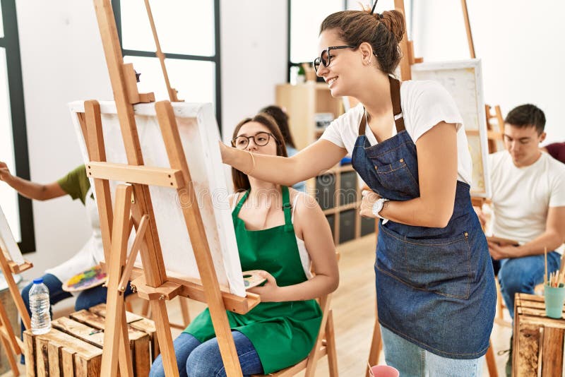Paint Teacher Looking Draw of Student at Art Studio Stock Photo - Image ...