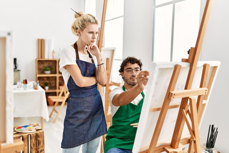 Paint Teacher Woman Teaching To Student Man at Art Studio Stock Image ...