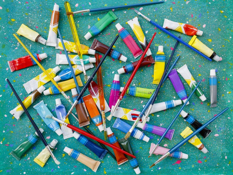 Paint Tubes and Paintbrushes, Top View Stock Photo - Image of bright ...