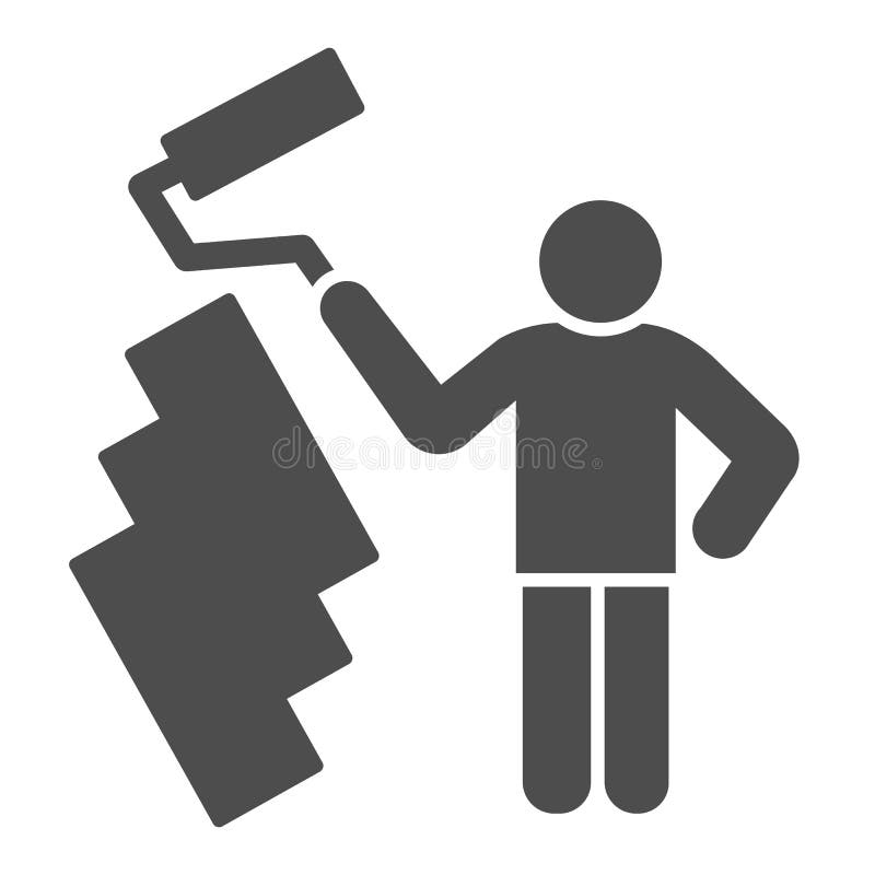 Paint and Worker Man Line Icon. Painter with Roller Painting Wall ...