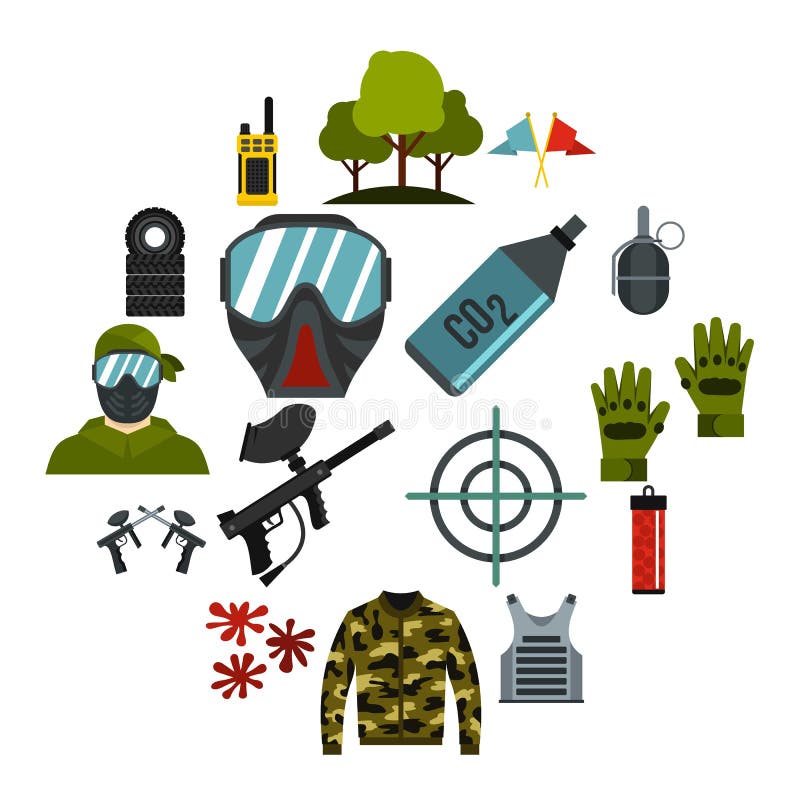 Paintball Icons Set, Flat Style Stock Vector - Illustration of ...