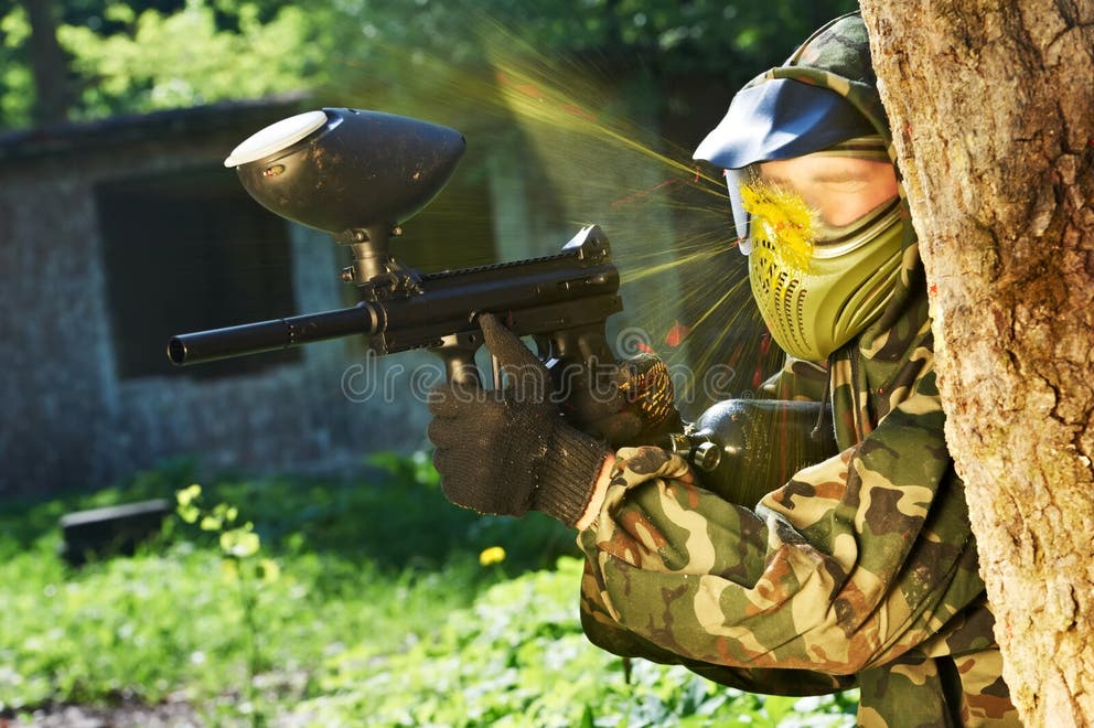 Paintball Player Direct Hit Stock Image - Image of outdoors, adrenaline ...